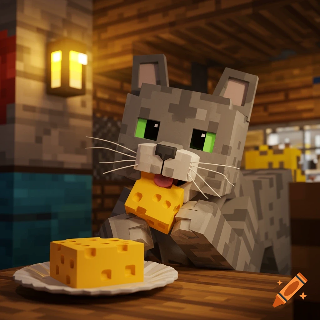 Blocky gray cat eating cheese in a Minecraft-style room on Craiyon