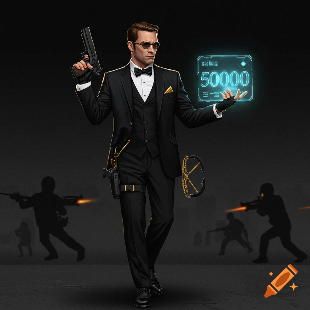 Agent 00 milestone art concept with tactical tuxedo and holographic ...