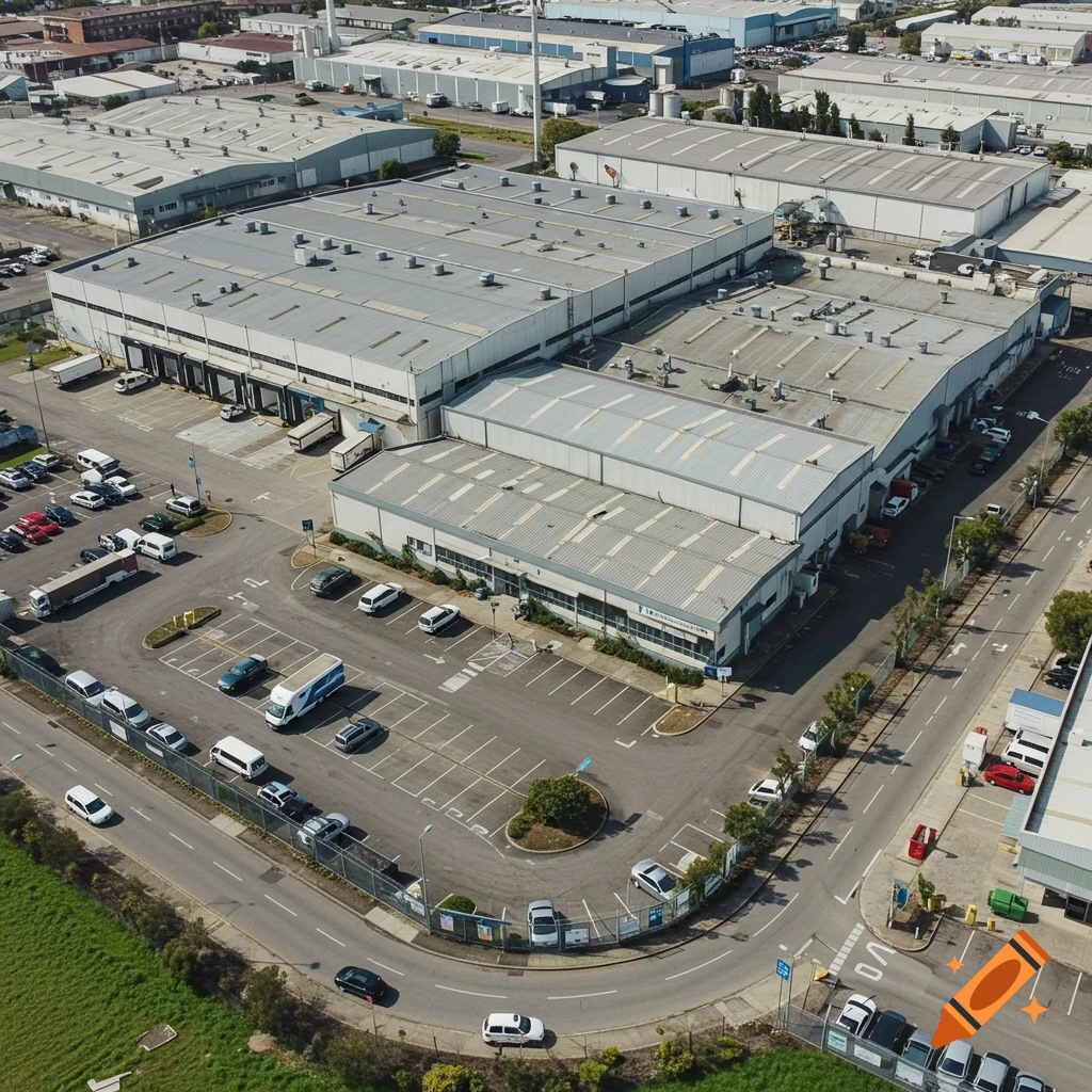 Aerial view of a large factory and warehouse complex with parking lots ...