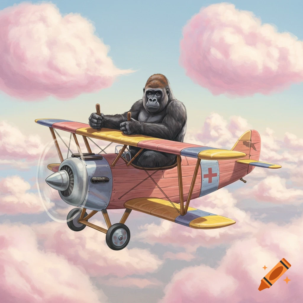 A gorilla flying a biplane through pink clouds, giving two thumbs up ...