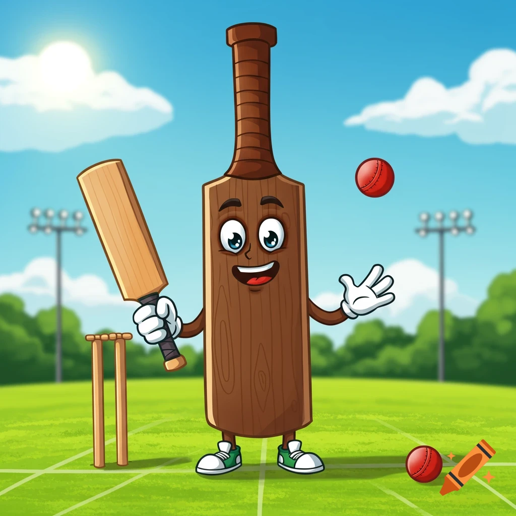 Cartoon cricket bat character holding a smaller bat on a cricket field ...