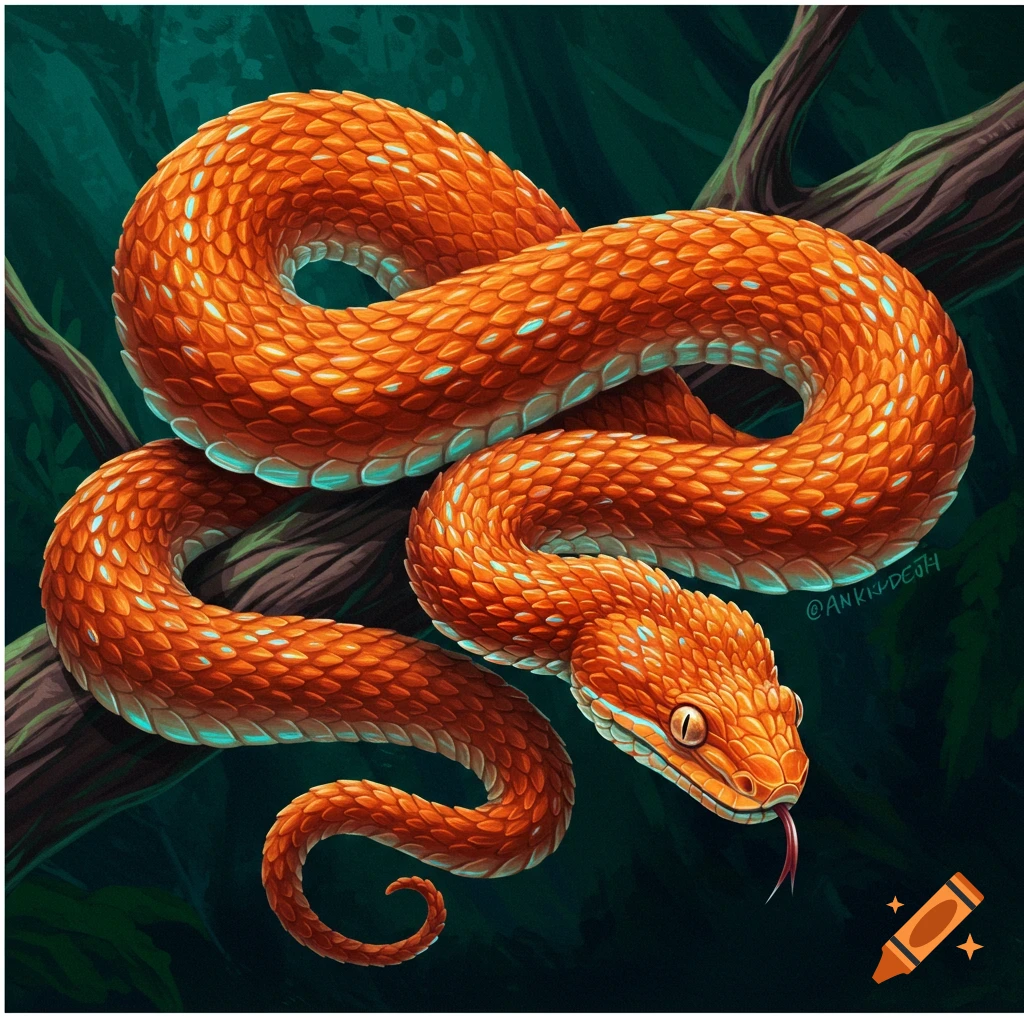 A vibrant orange snake with textured scales coils on a tree branch in a ...
