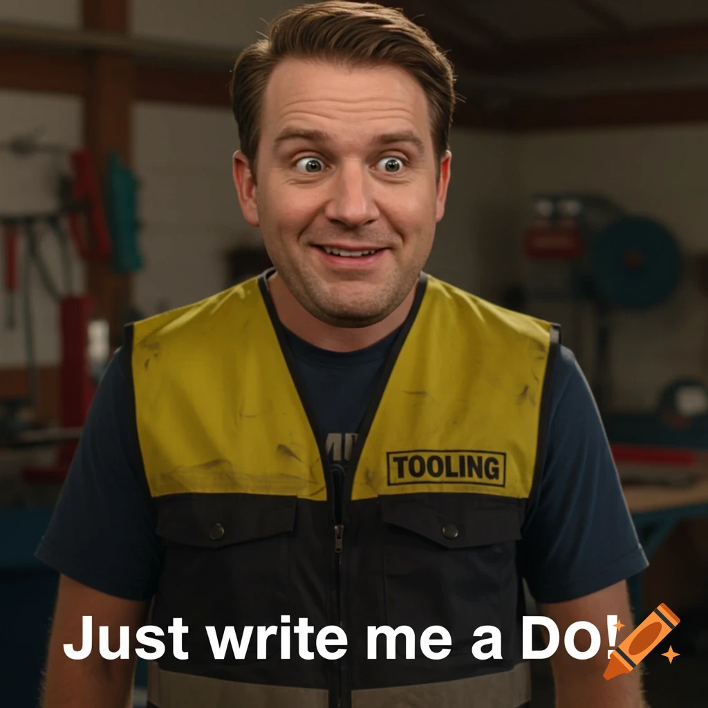 Surprised man in a yellow and black vest with meme text 'Just write me ...