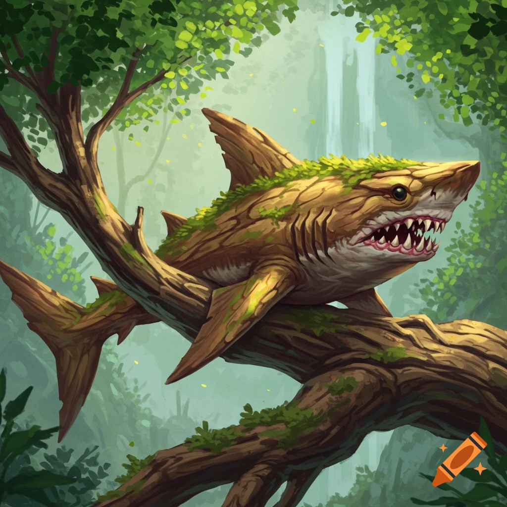 A large shark fused into the trunk and branches of a tree with green ...