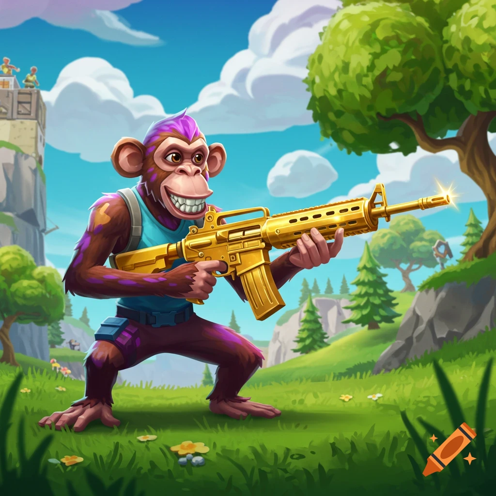 Cartoon monkey holds a golden rifle in a grassy landscape with a fort ...
