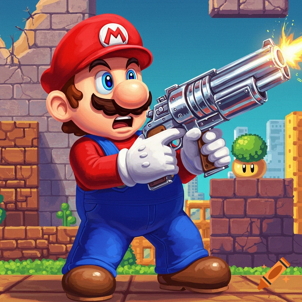 Mario holding a large gun in a pixelated game level. on Craiyon
