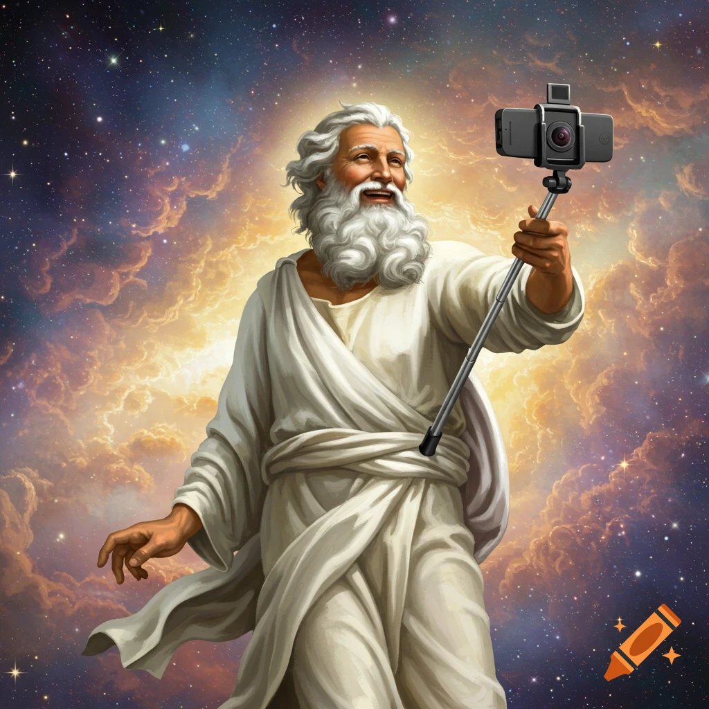 God holding a selfie stick with a camera in a starry sky. on Craiyon
