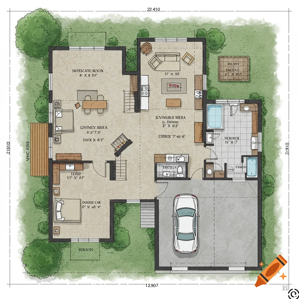 House plan design with living room, kitchen, eating area, foyer ...