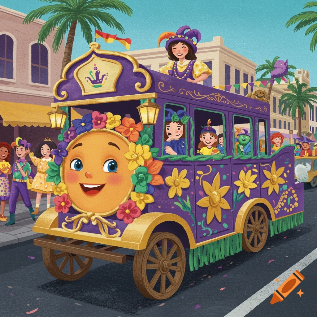 Illustration of a purple Mardi Gras float with a happy face, decorated ...