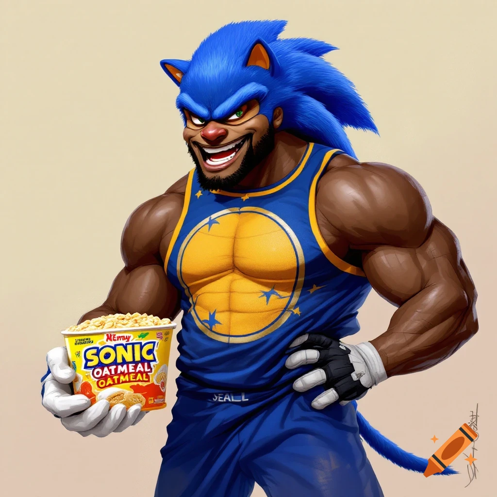 Shaquille O'Neal in a Sonic costume promoting oatmeal on Craiyon