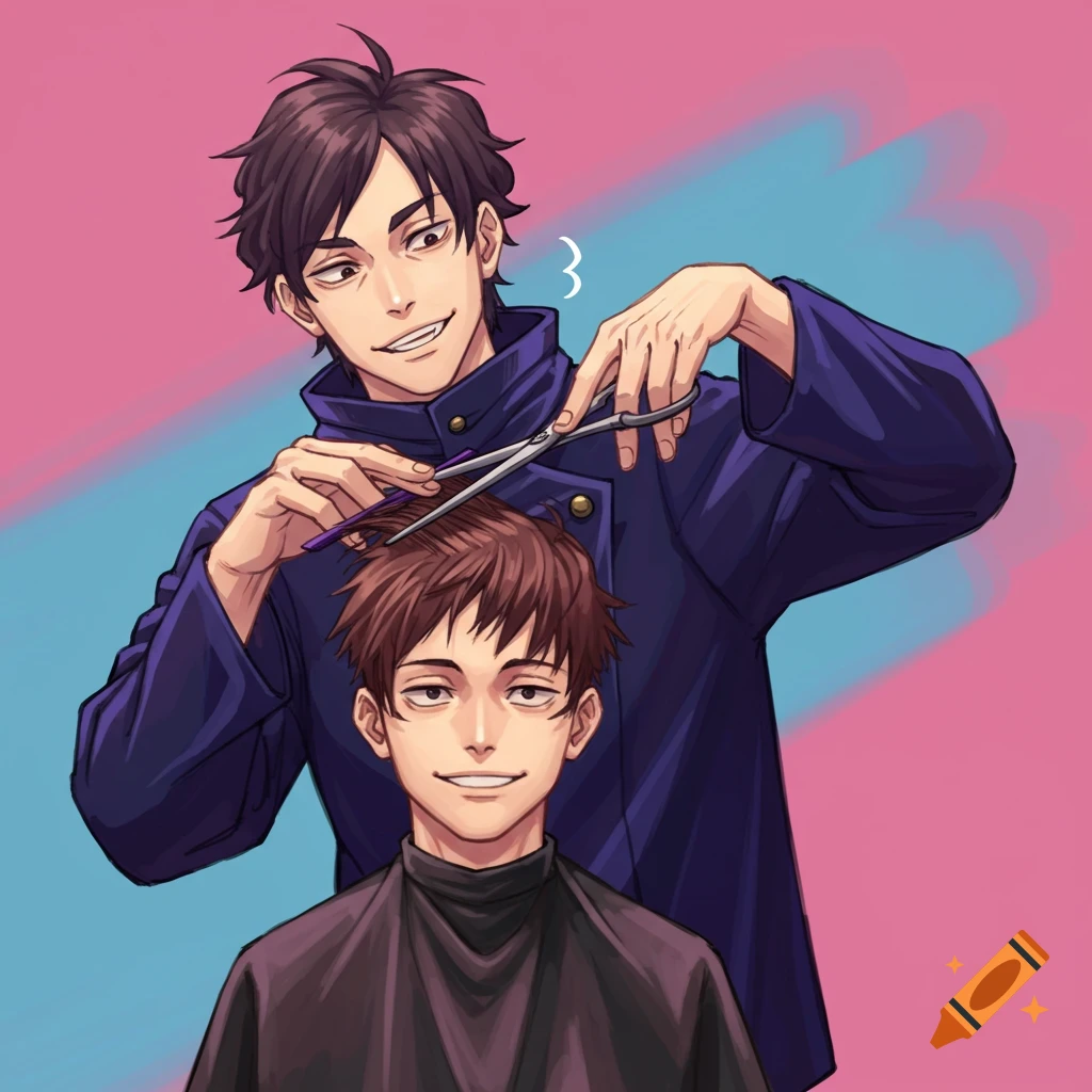 Two anime characters, one with dark hair cuts the brown hair of another ...