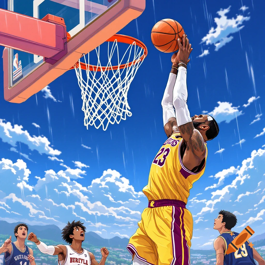 Anime style image of a male basketball player dunking over a female ...