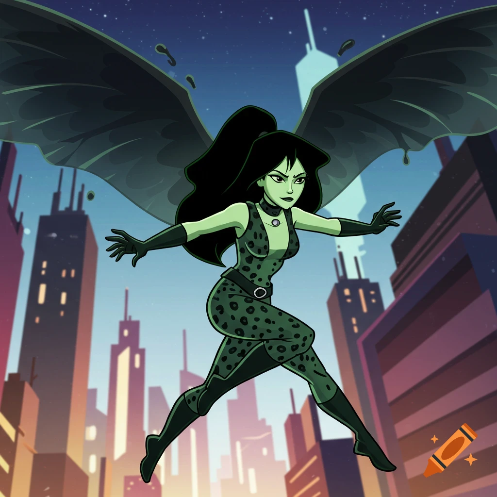 Giant red boot with bat wings stands over destroyed city with fires and ...