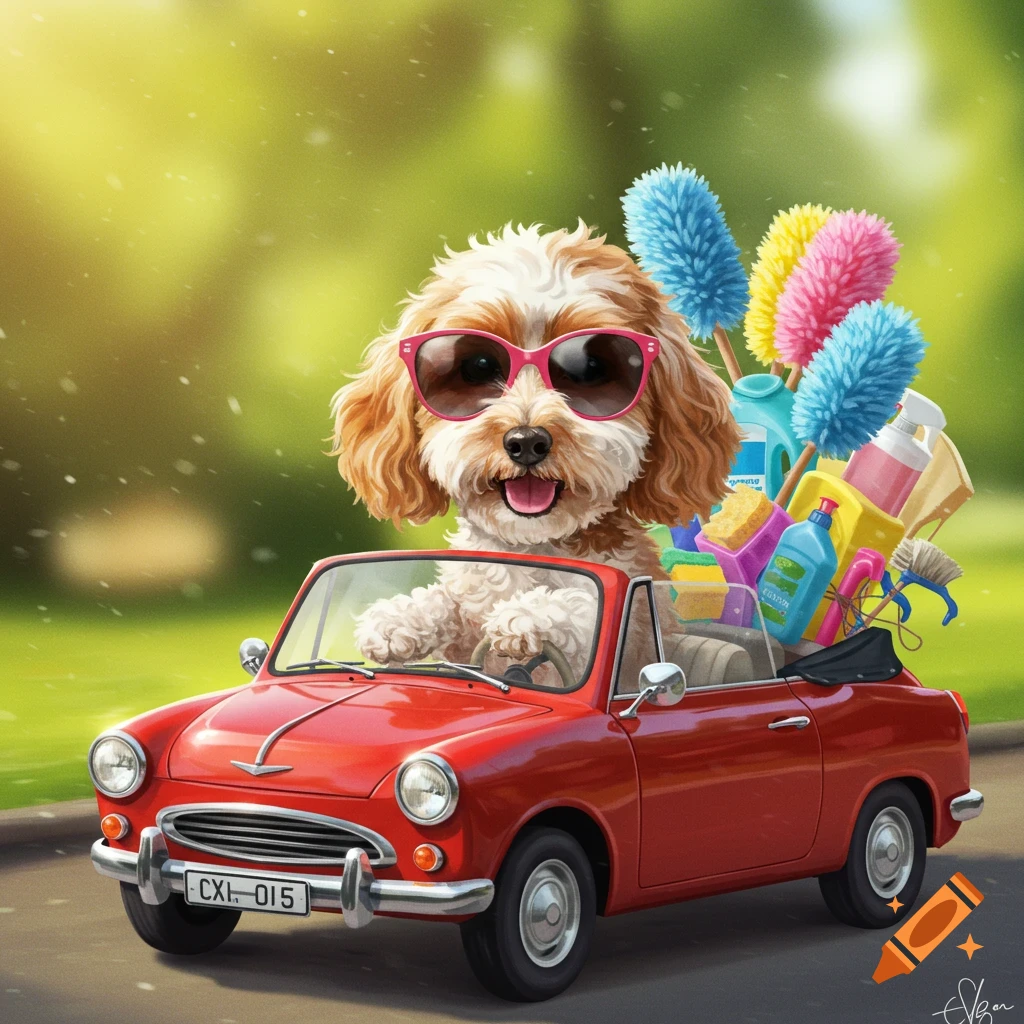 A Cockapoo dog wearing sunglasses drives a red convertible packed with ...