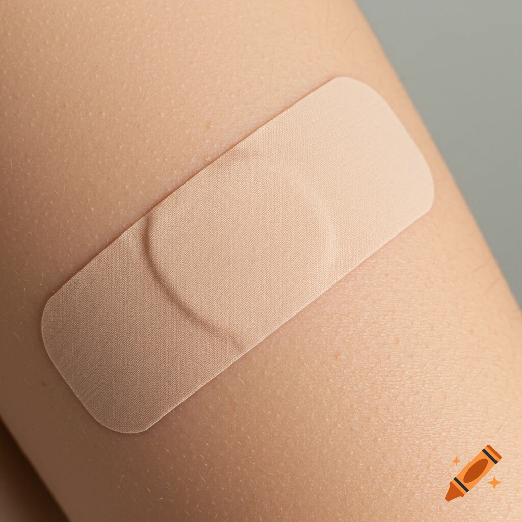 Close-up photo of a beige adhesive patch on a person's arm. on Craiyon