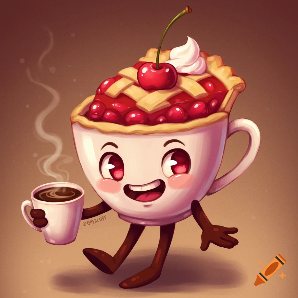 Cute cup character with cherry pie top holding a coffee mug, digital ...