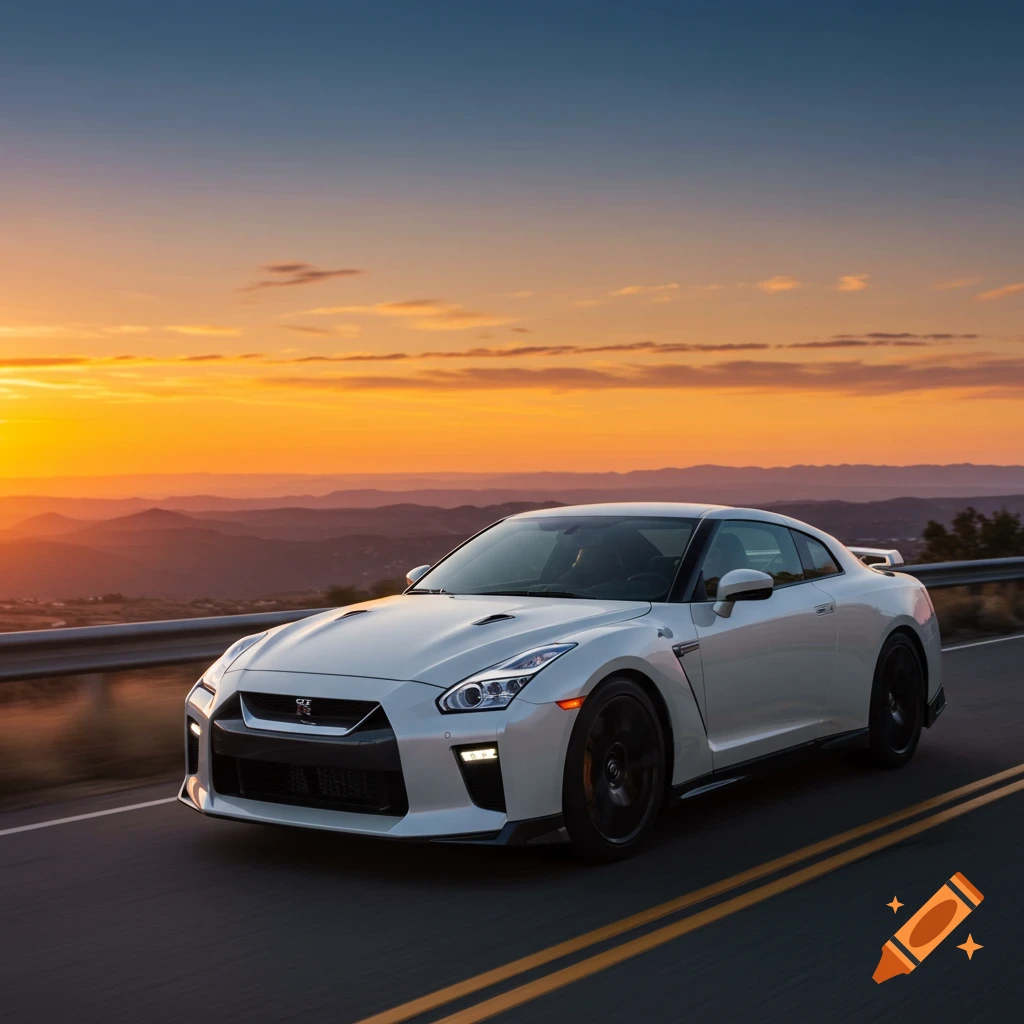 A white Nissan 370Z with flames from its exhaust drives on a coastal highway overlooking the ...