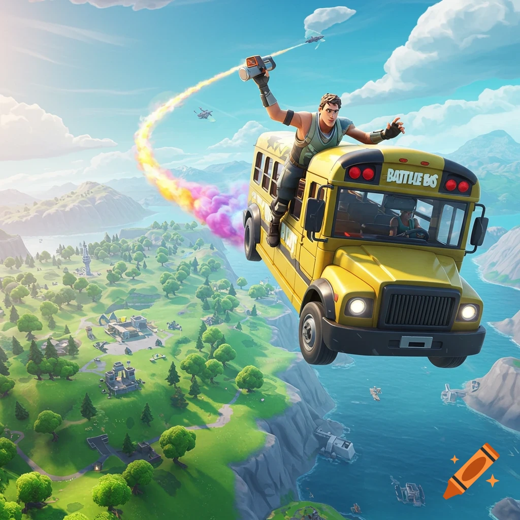 Cartoon style image of a Fortnite character riding on top of the flying ...