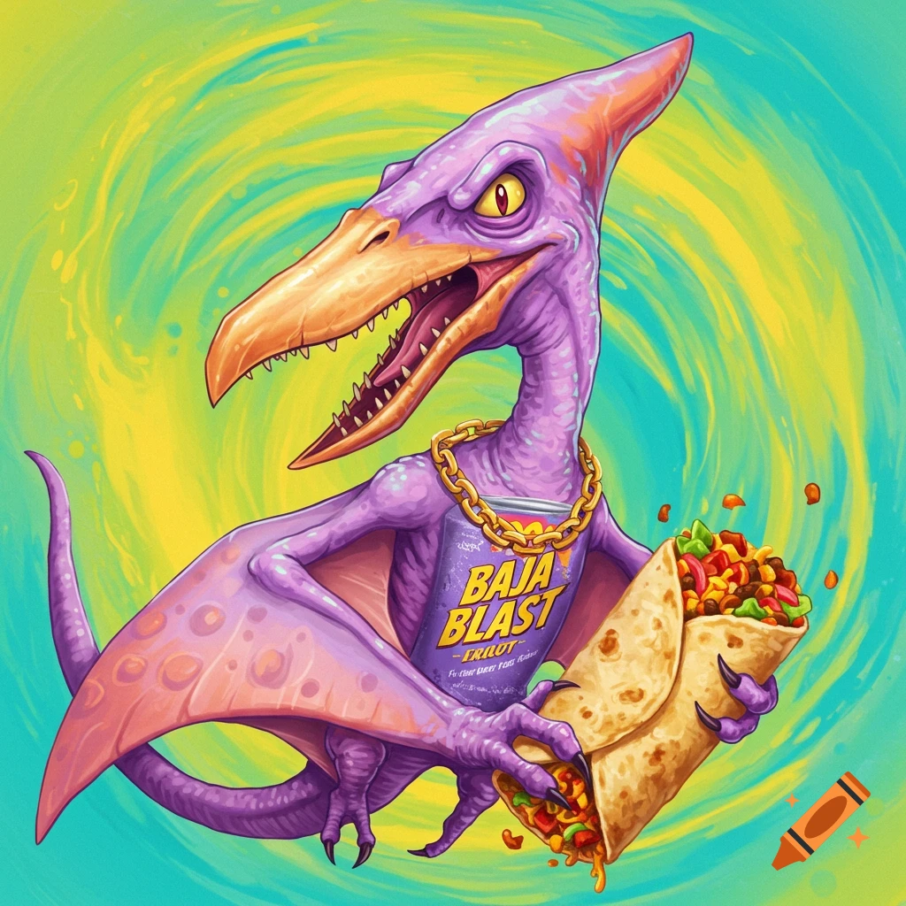 Baja Blast pterodactyl with gold chain and burrito on Craiyon