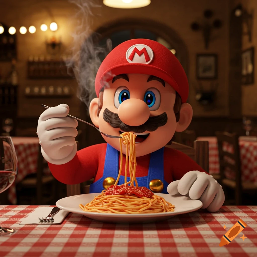 Super Mario character eating messy spaghetti from a plate in a cartoon ...