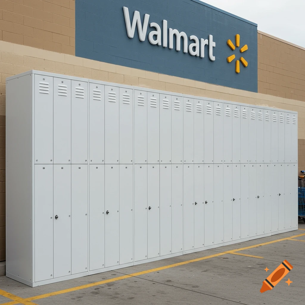A long row of white storage lockers outside a Walmart store. on Craiyon