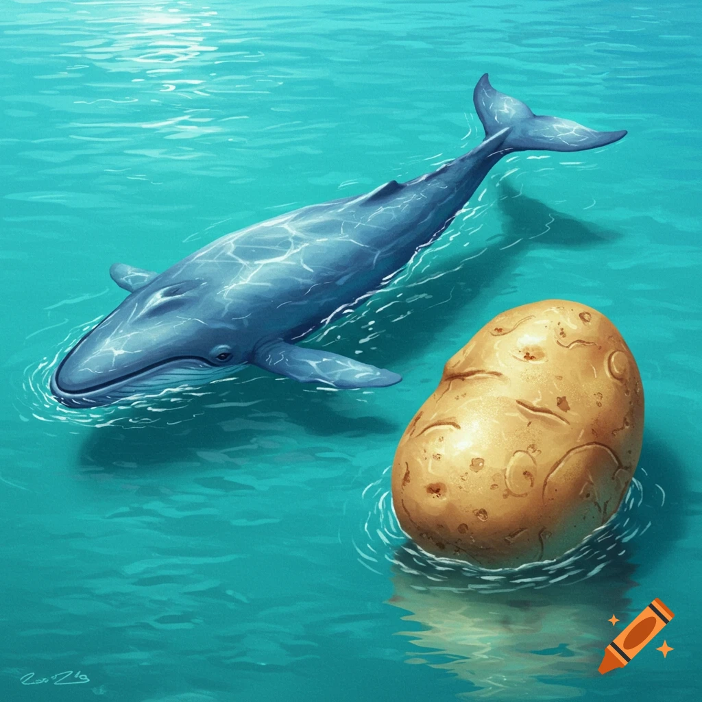 Blue whale swimming in glassy ocean beside gigantic potato on Craiyon