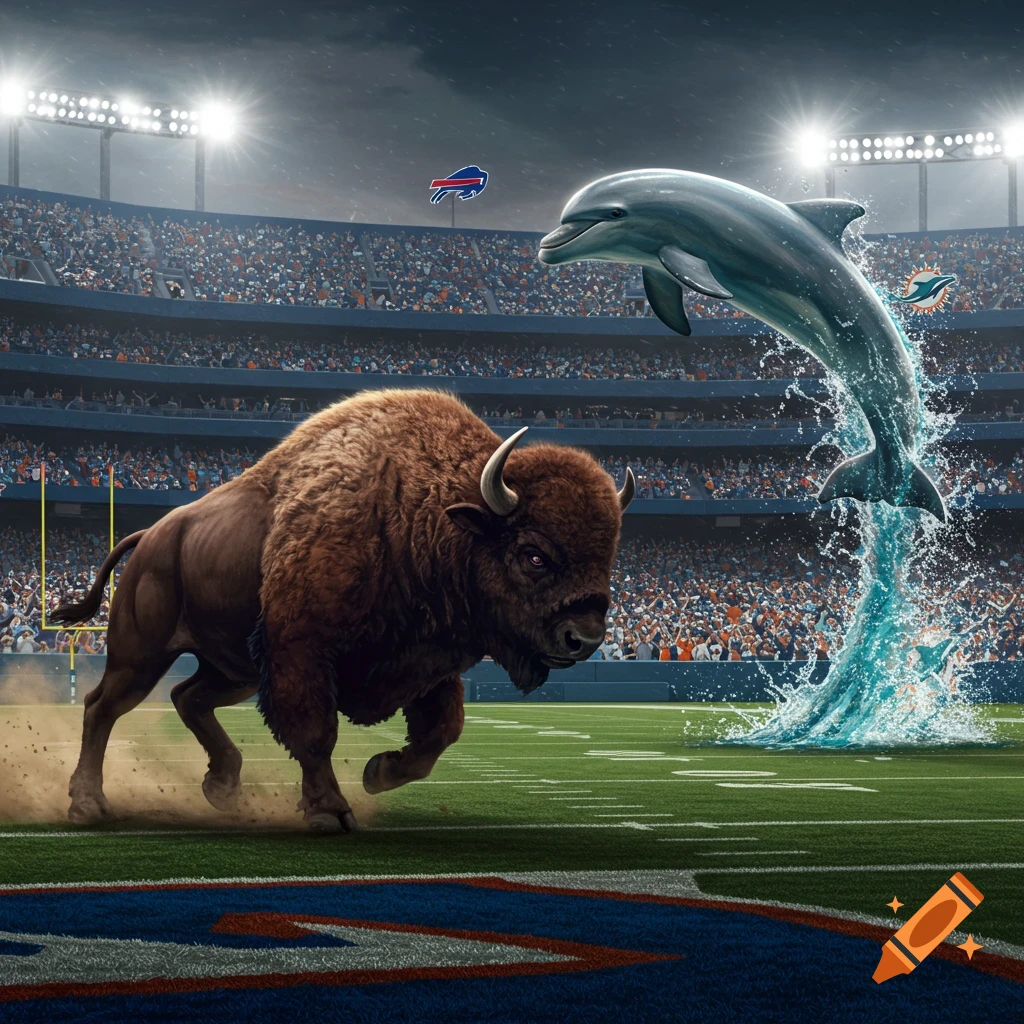 A buffalo and dolphin mid-collision in a football stadium on Craiyon