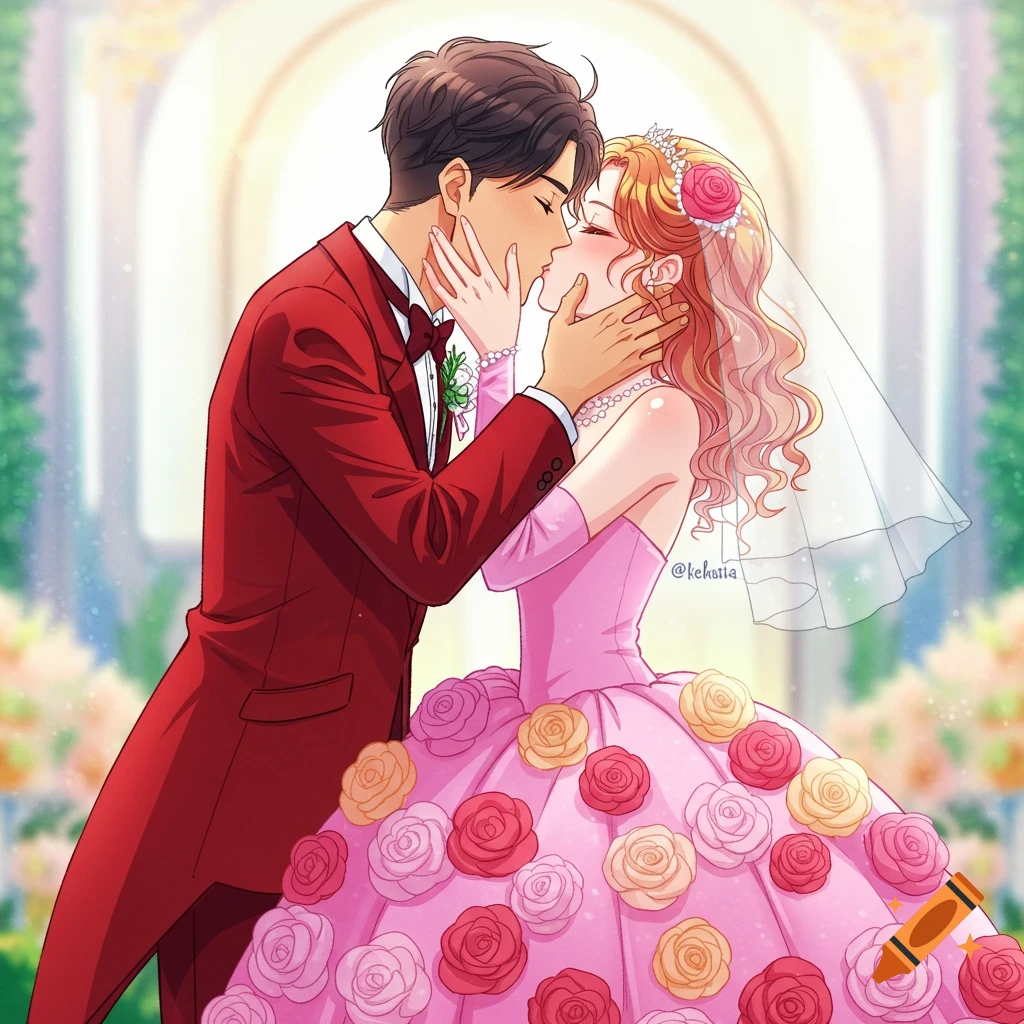 Anime wedding couple kissing in formal attire on Craiyon