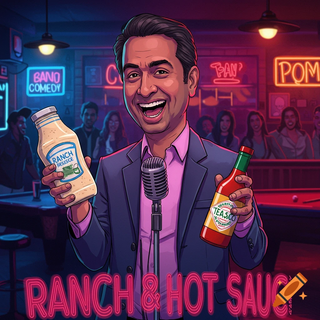 Album cover for stand up comedy album, Ranch & Hot Sauce, neon lights ...