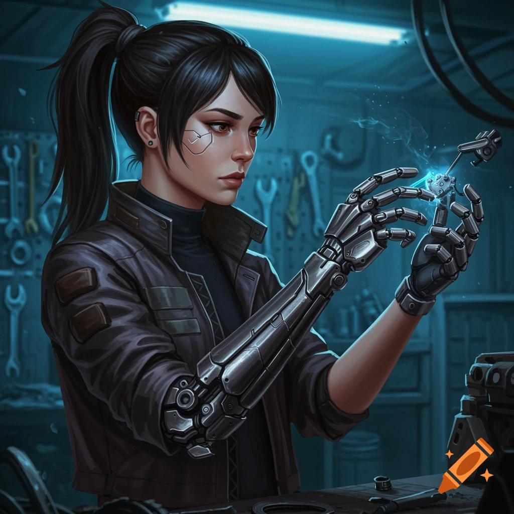 Cyborg mechanic girl with metal arm on Craiyon