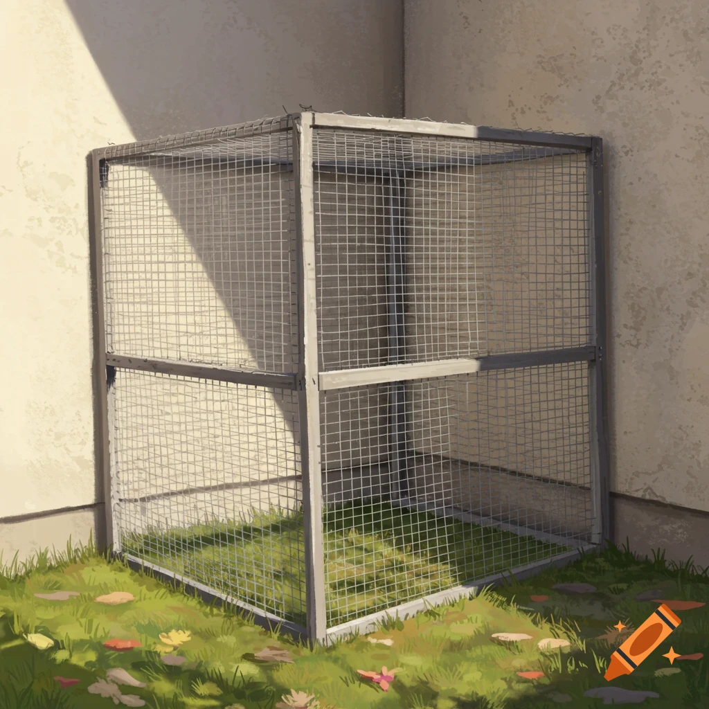 Rectangular chicken wire enclosure against a house wall on Craiyon