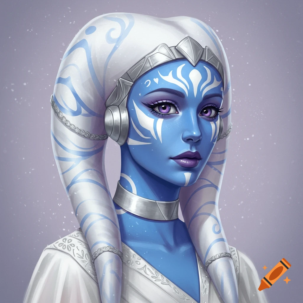 Portrait of a blue-skinned alien woman with white lekku patterns and silver jewelry. on Craiyon