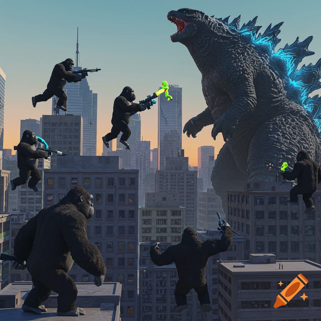 Gorilla avatars battling Godzilla in a vibrant cityscape on Craiyon