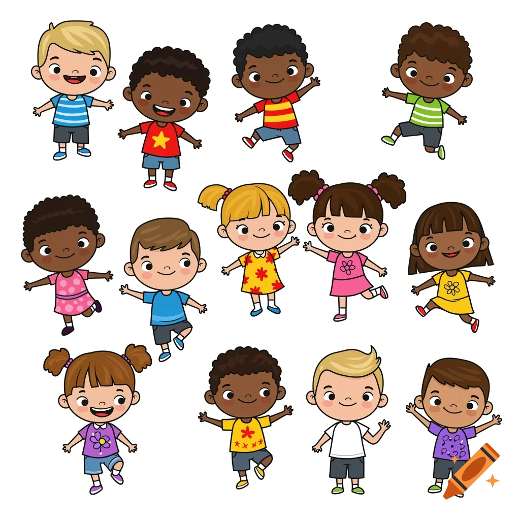 Illustration of diverse multiethnic cartoon children in various poses ...