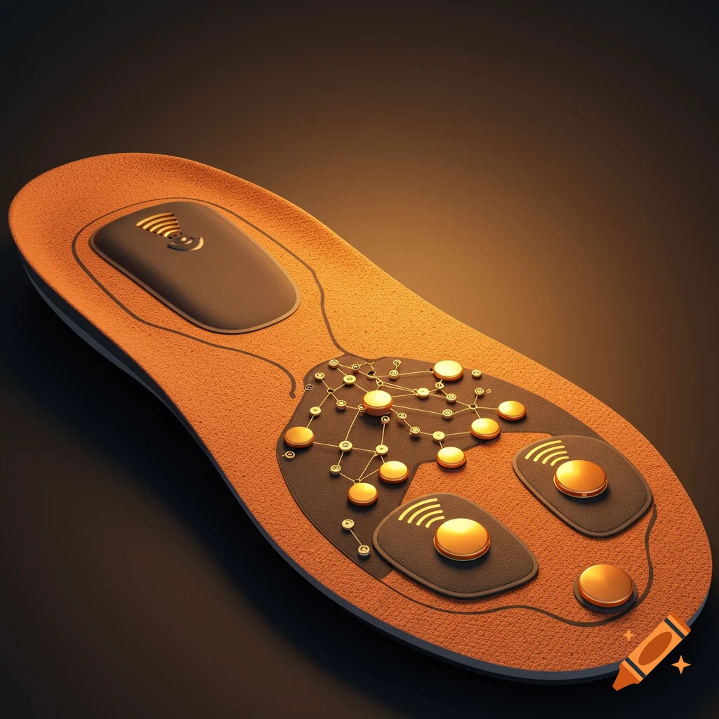 Close-up product render of a futuristic orange smart shoe insole with ...