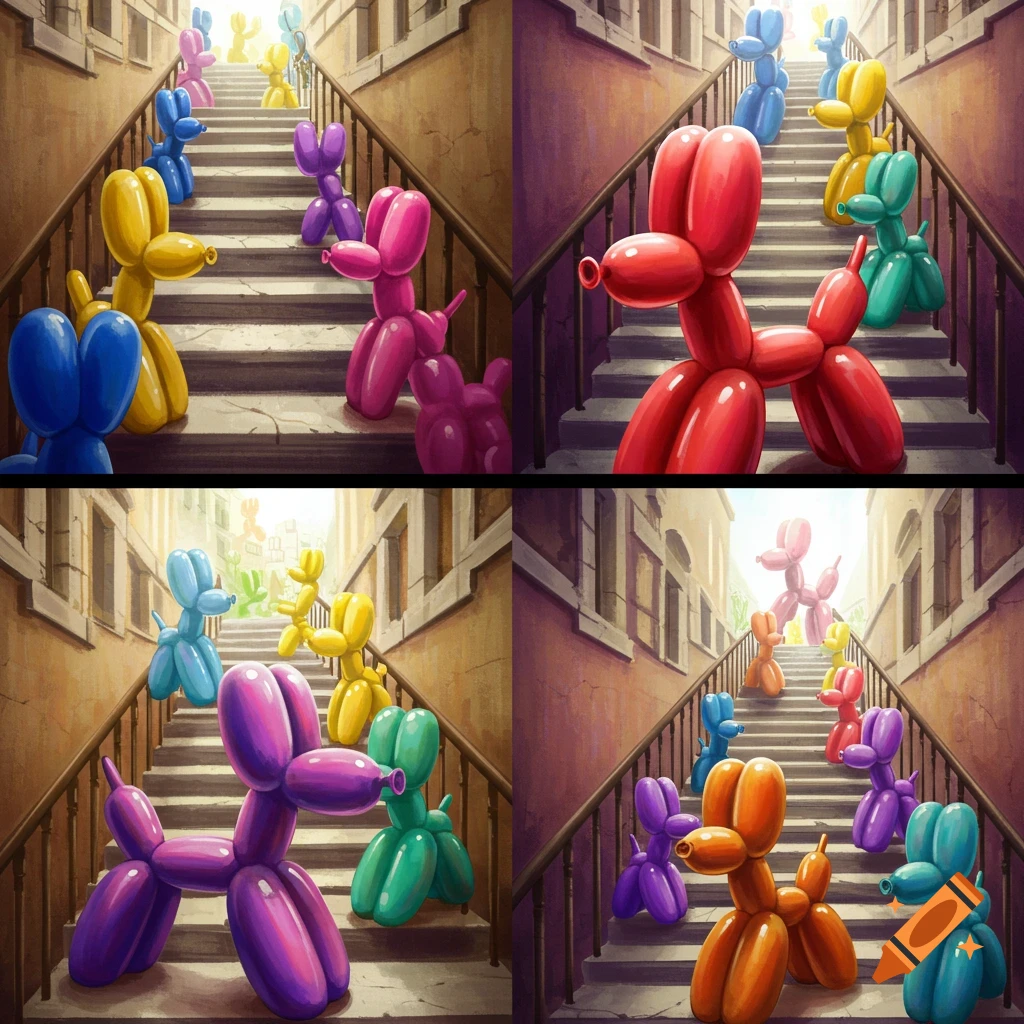 Four panels show colorful balloon dogs on stairs in a building. on Craiyon