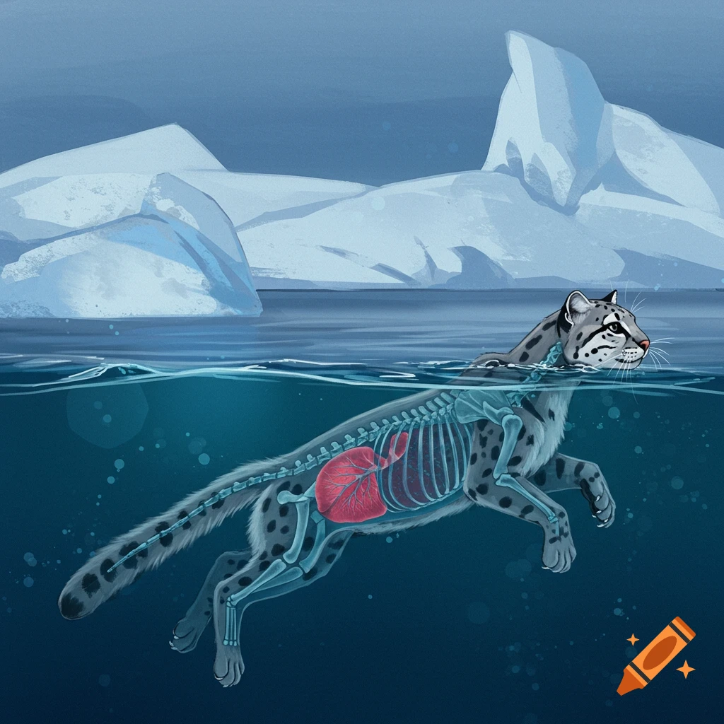 An artistic depiction of a snow leopard swimming in water near an ...