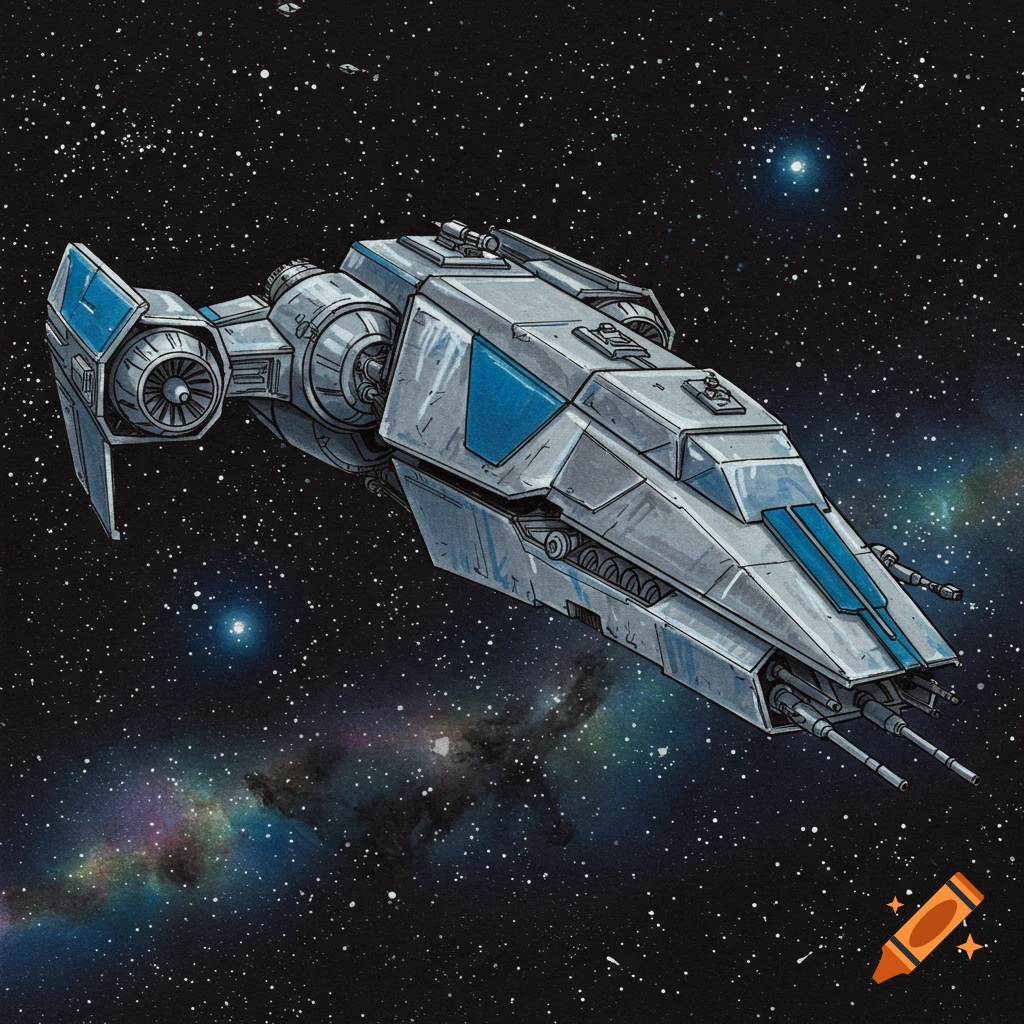 A detailed illustration of a futuristic spaceship with purple engines flying through space with ...