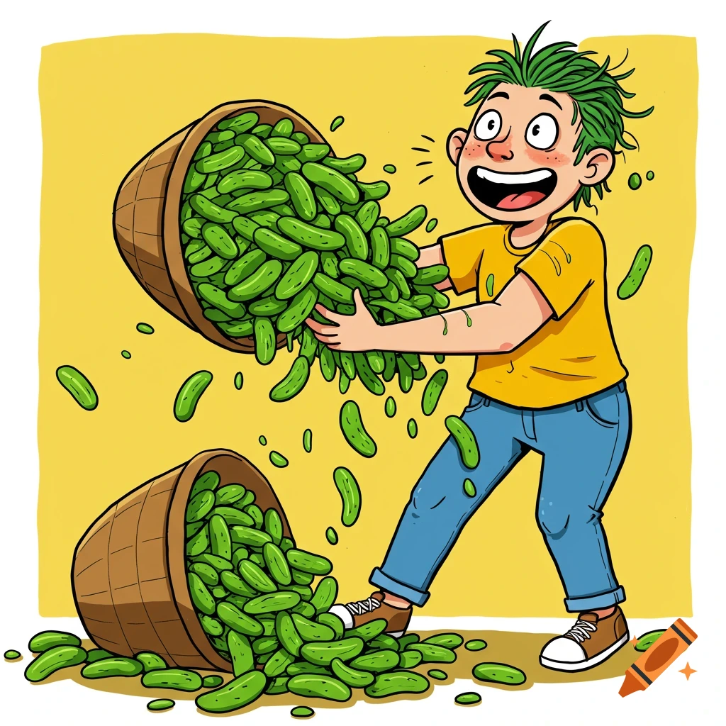 Cartoon drawing of a person with pickles on Craiyon