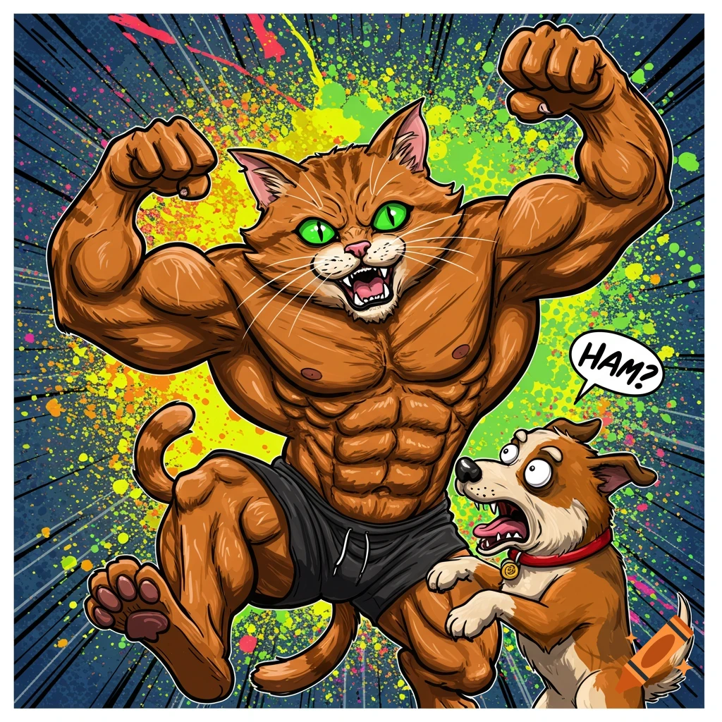 Muscular Scooby Doo posing with 'ONE MILLION DOG POWER' text on his chest. on Craiyon