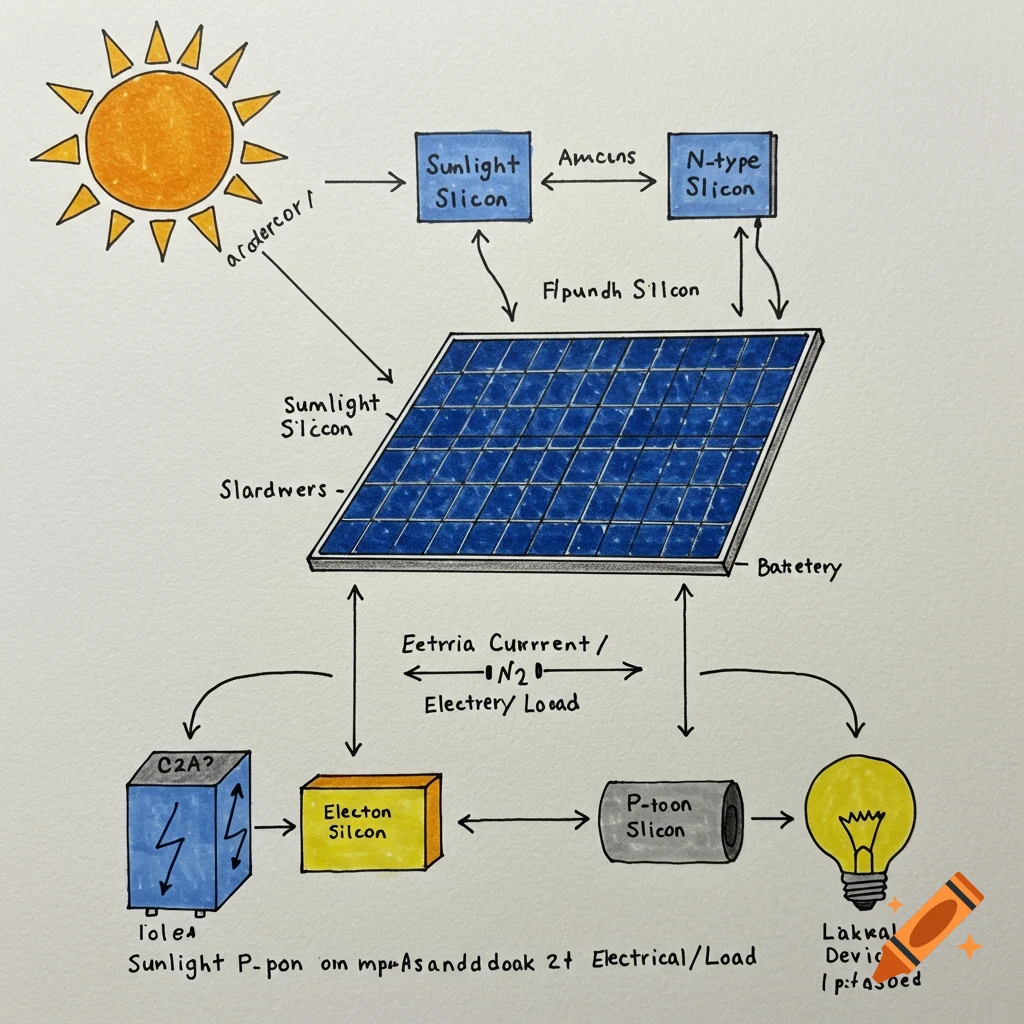 Diagram of a solar panel system with labeled components on Craiyon