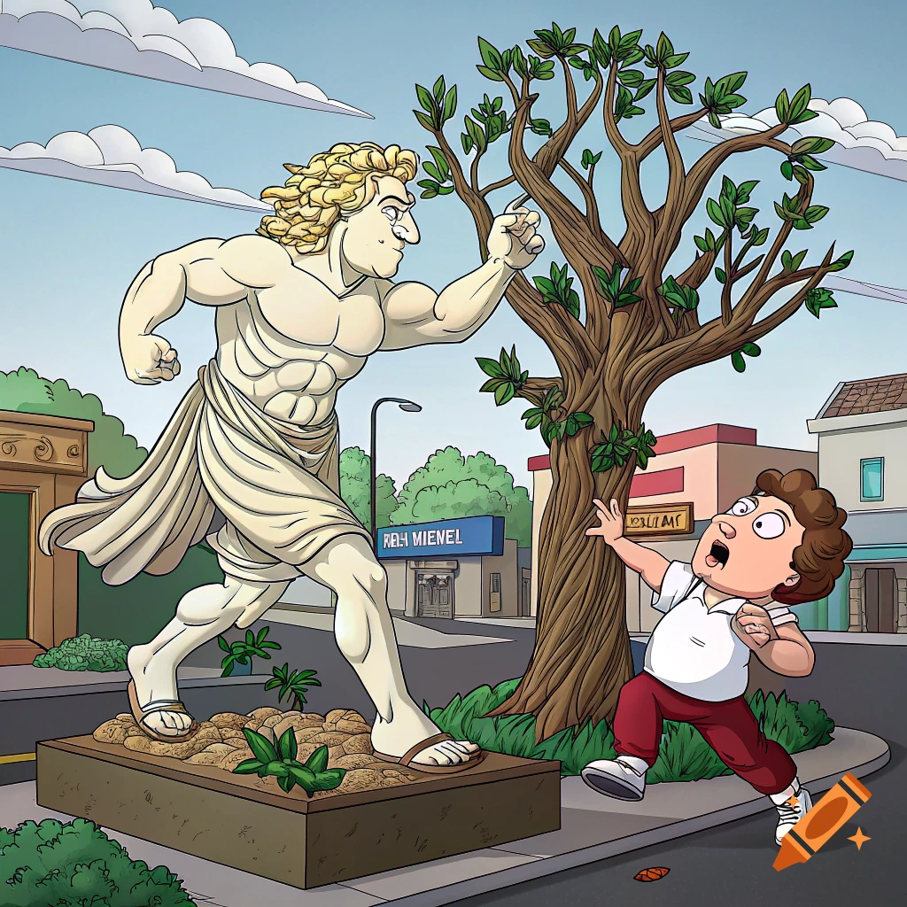Cartoon in Family Guy style: A large, muscular statue chases a scared child down a street. on ...