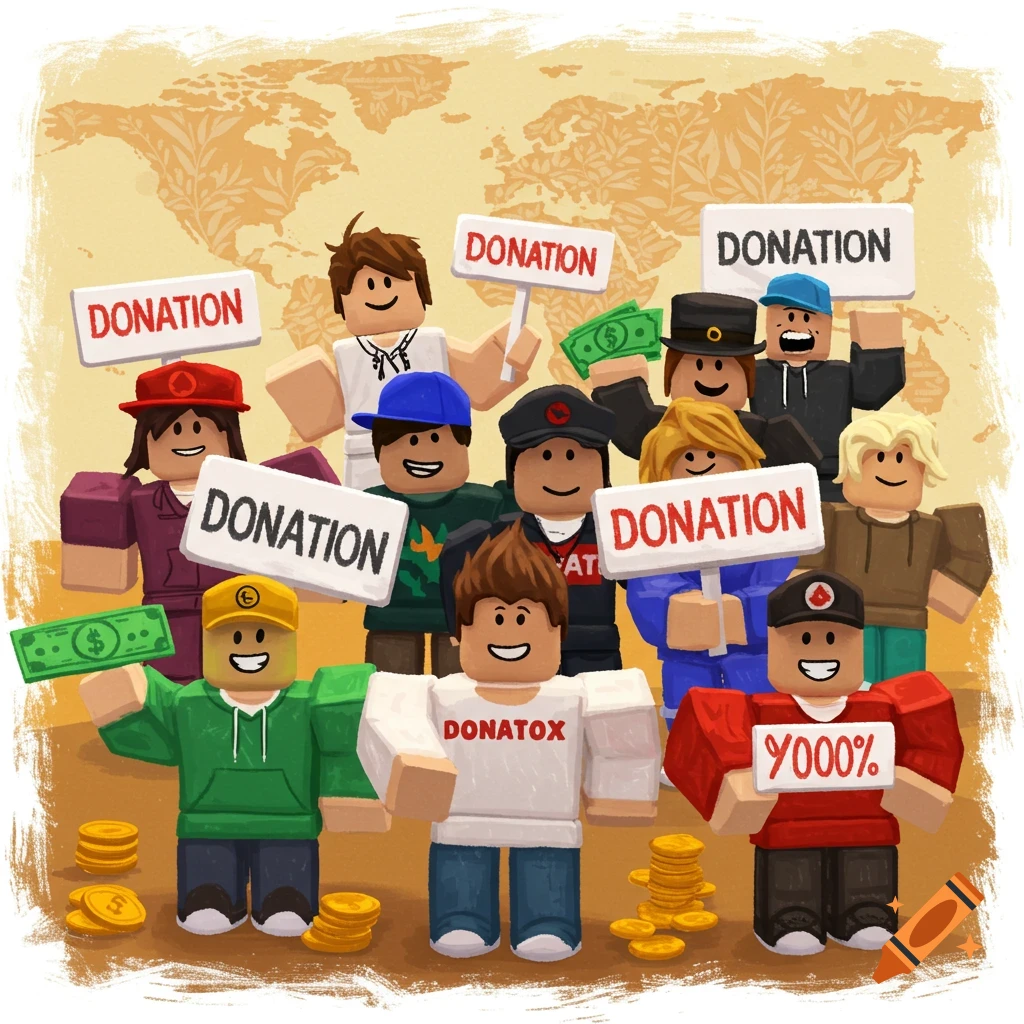 Roblox characters holding 'Donation' signs and money in front of a ...