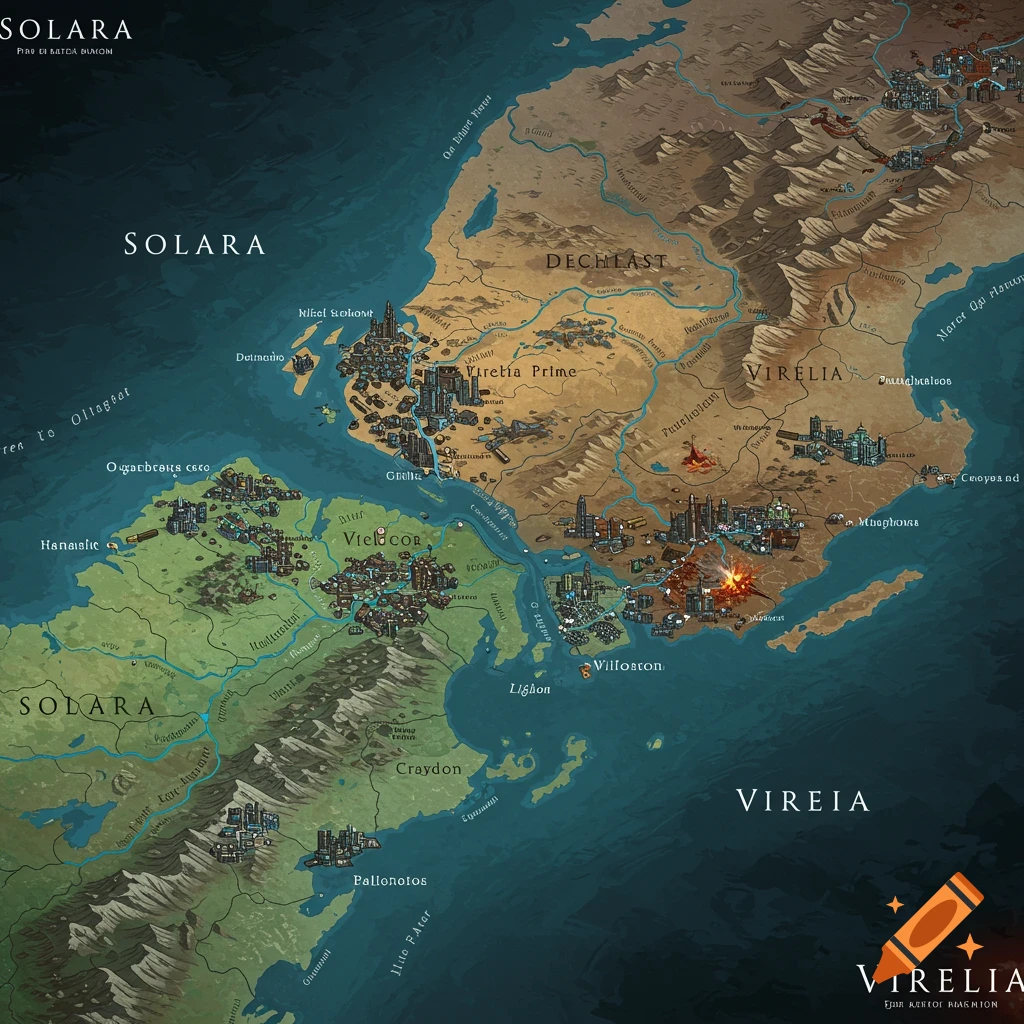 Dystopian world map with Solara, Virelia, and the Corelands. on Craiyon