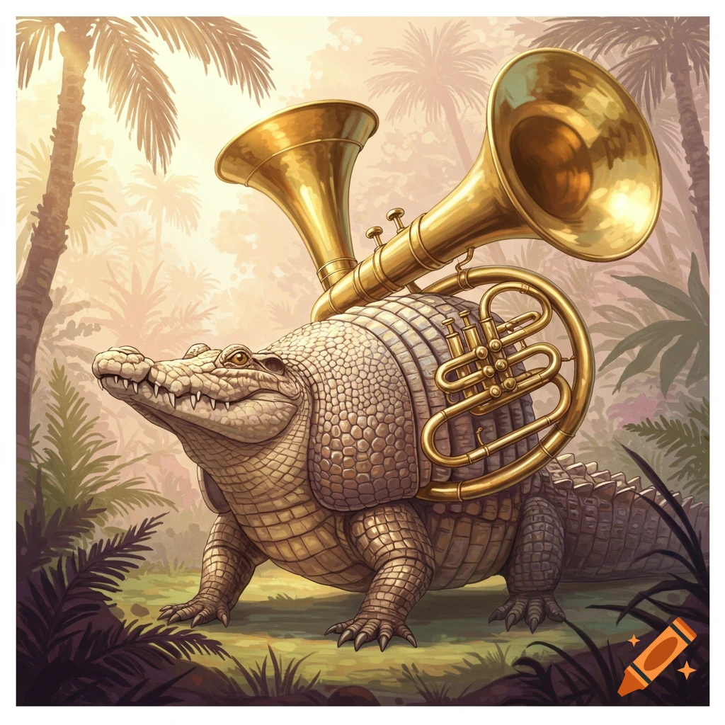 A digital painting of a crocodile carrying a large brass horn ...