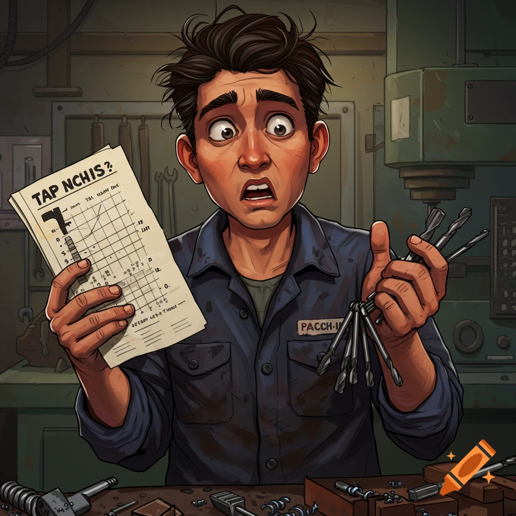 Young machinist with tap chart and drill bits on Craiyon