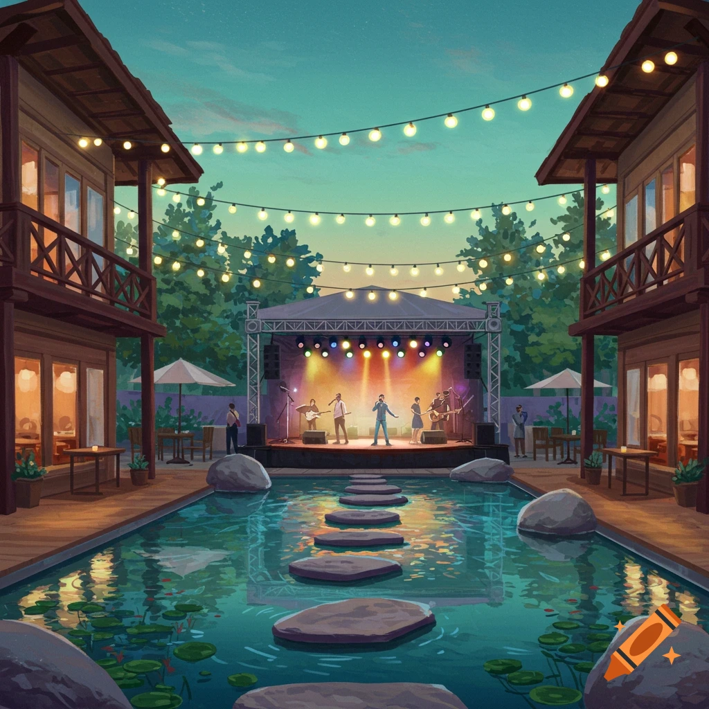 Clubhouses with pool, stepping stones to music stage, singer, dancers ...