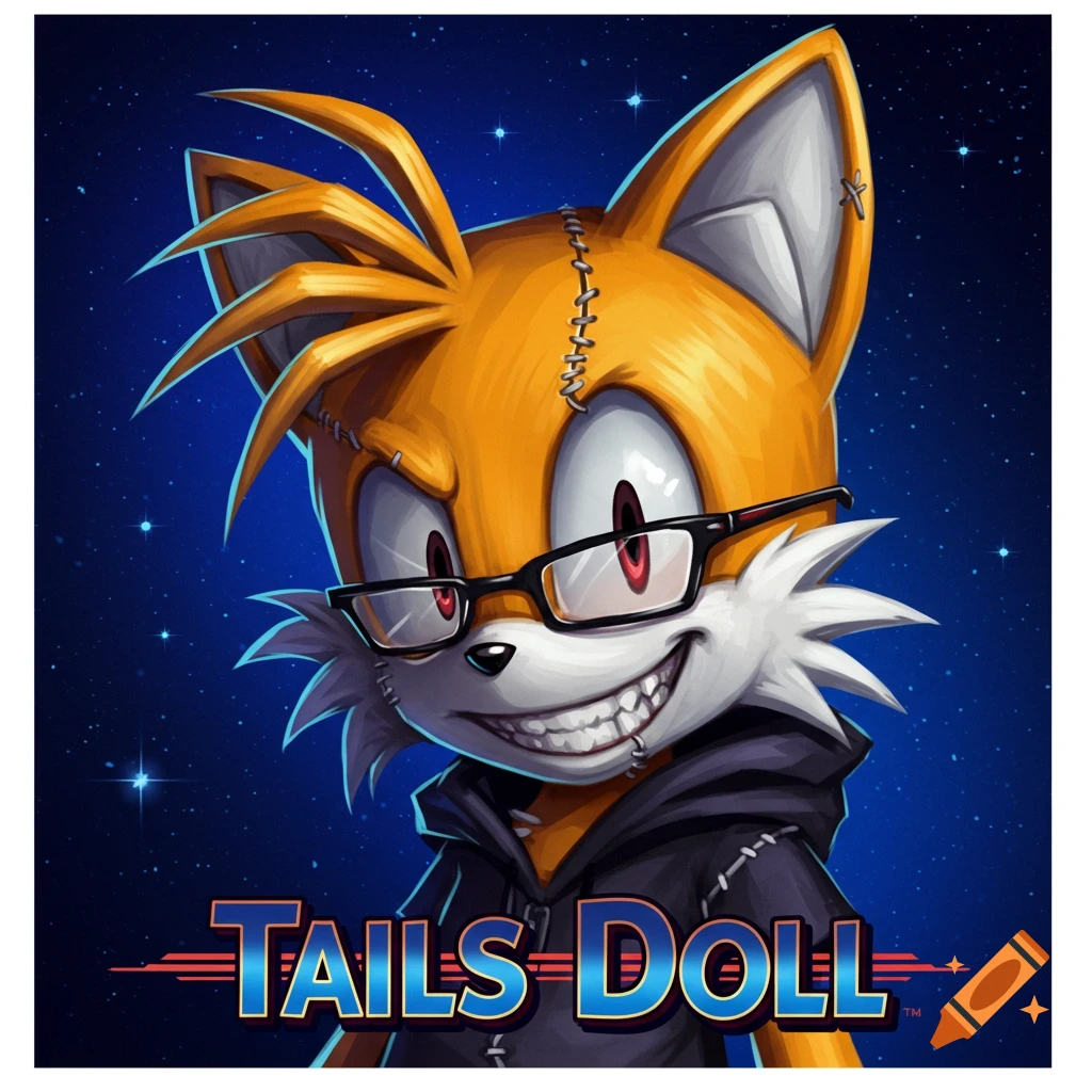 Stylized creepy image of Tails Doll with stitching, glasses, sharp ...
