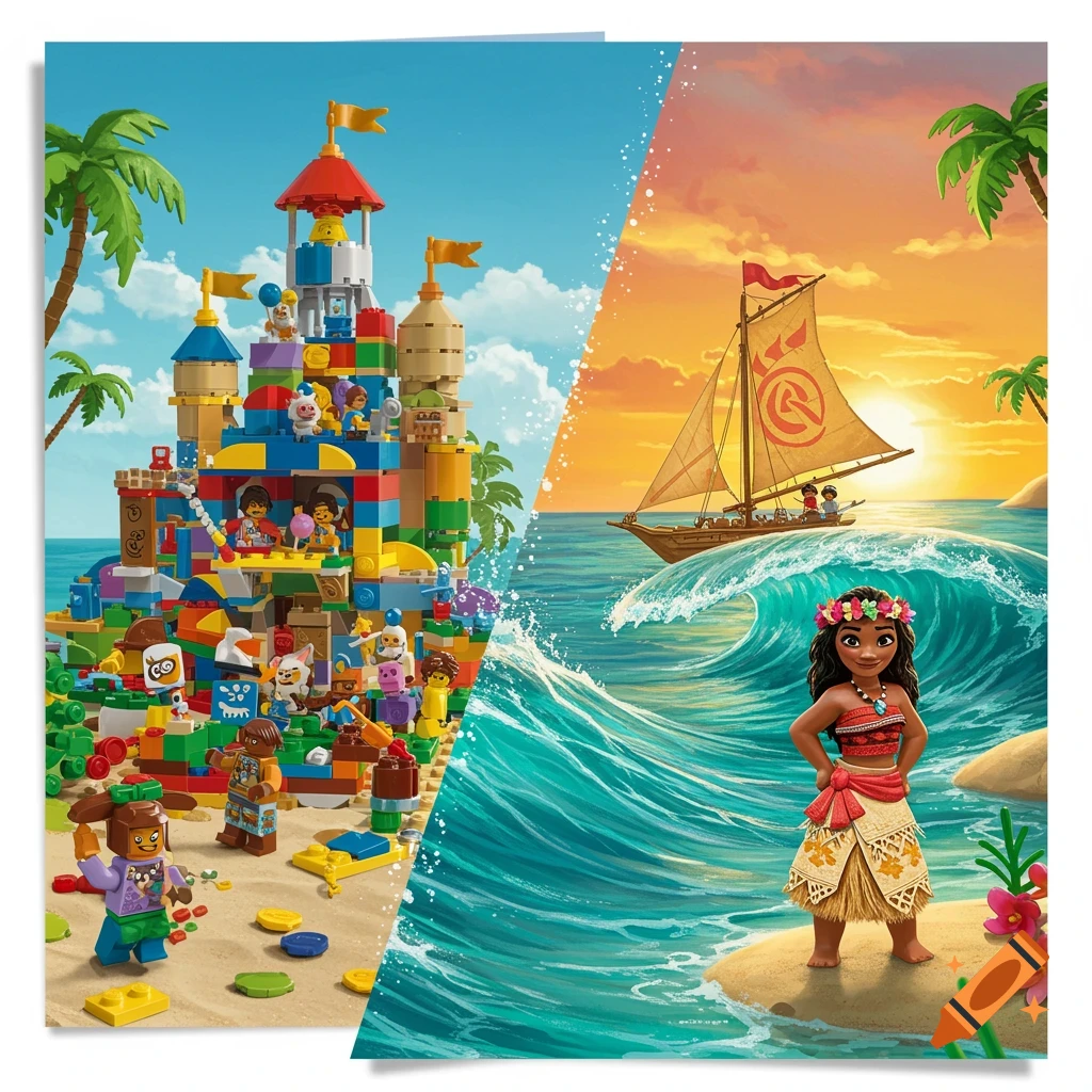 Split image blending styles: left shows a Lego castle scene with ...