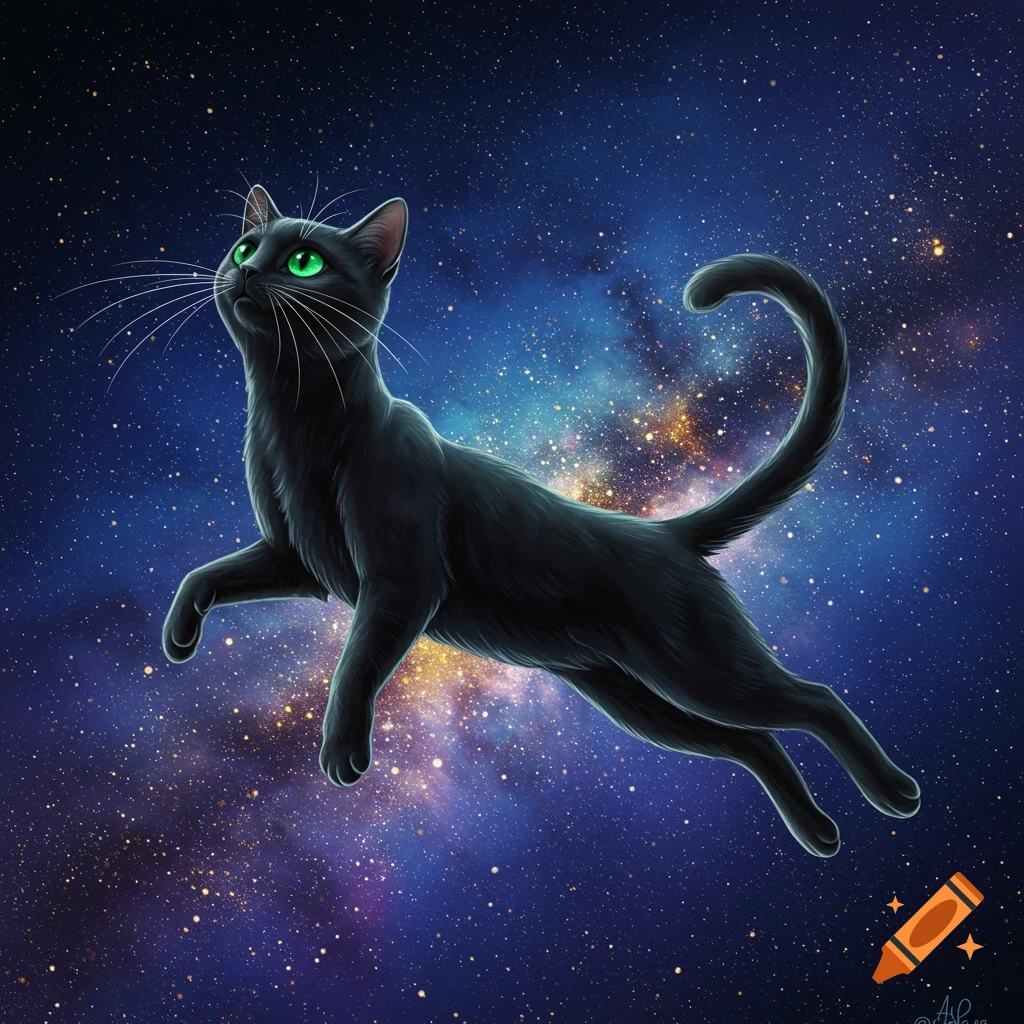 A black and white cat floating through space with stars in the ...